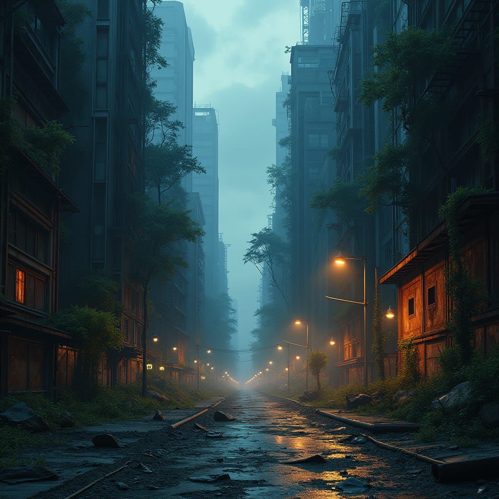 Ethereal Ruins in a Haunting, Post-Apocalyptic Cit... - AI Art
