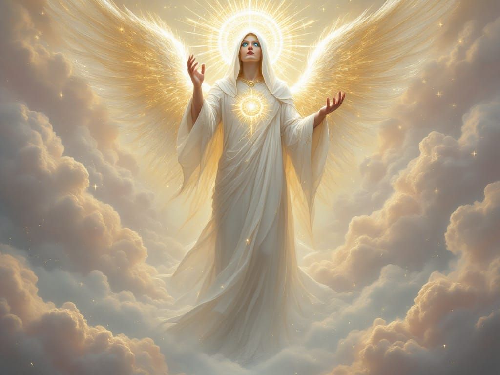 A majestic Ophanim Angel, draped in flowing, hooded robes of pure white ...