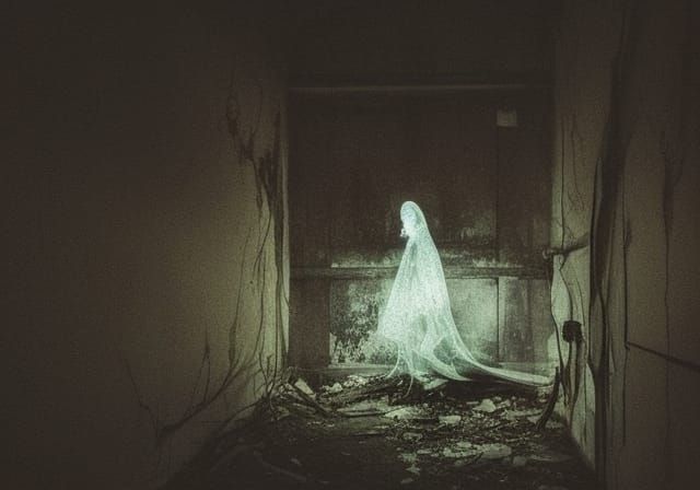 White Ghost/ ethereal and semi-transparent ghost in an old abandoned ...