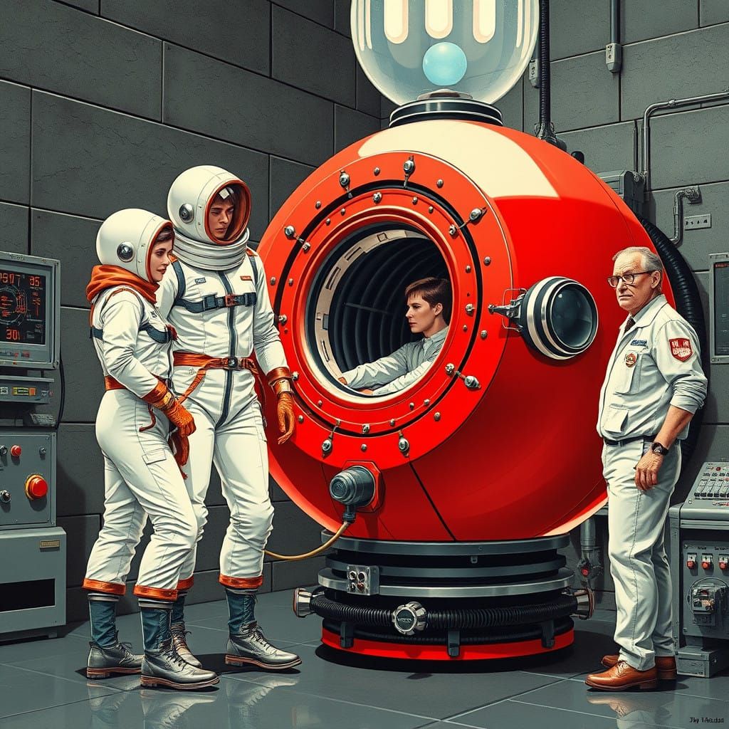 Retrofuturistic Alien Couple Beside Red Cryogenic ... - AI Art