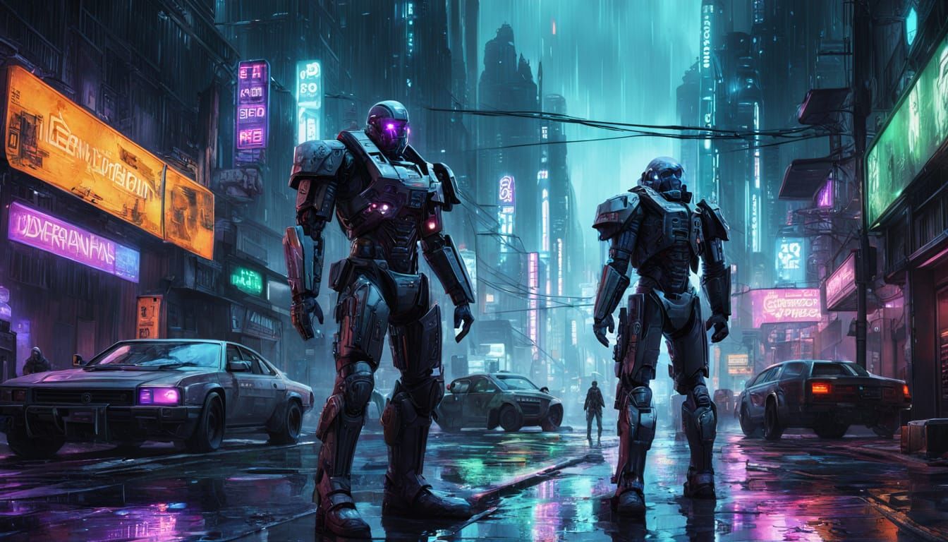 Cyberpunk Mercenary Terminator in Neon-Lit City St... - AI Art