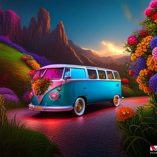 psychedelic '60s VW passenger van, flowers