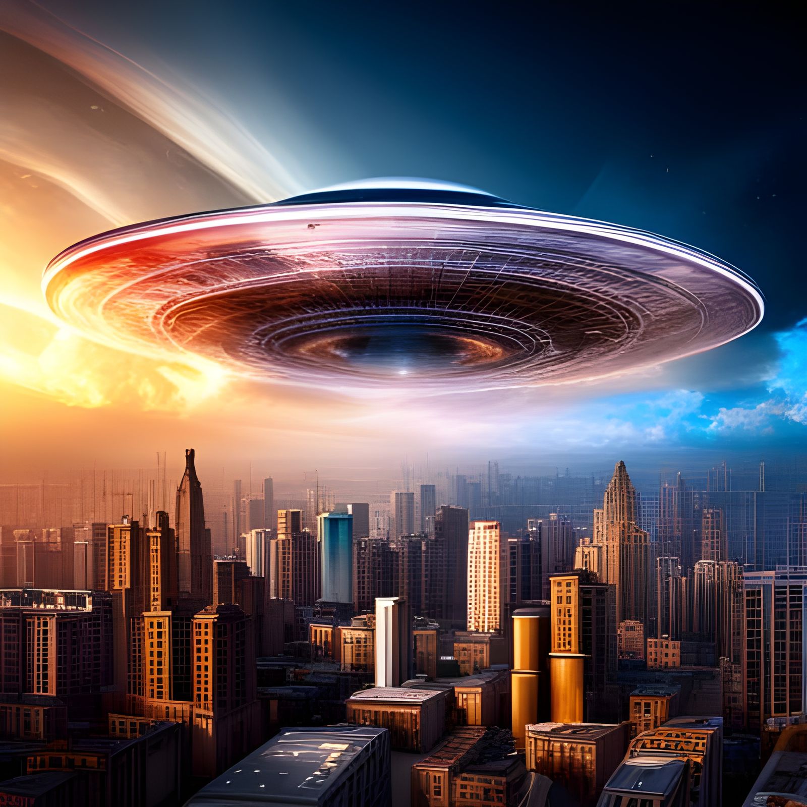 UFO plate flying above a city intricate details, HDR, beautifully shot ...