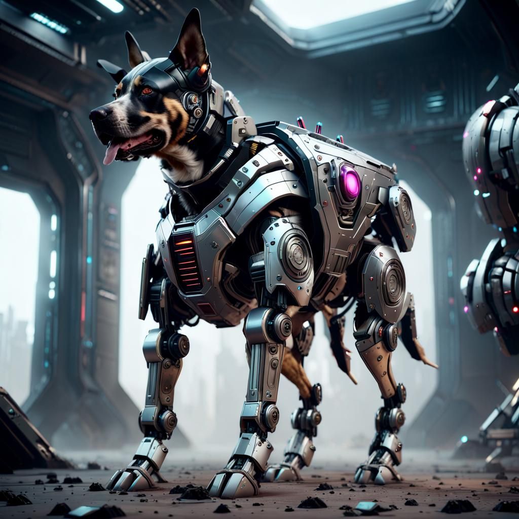 A cool dog wearing cool cyberpunk space armour, standing up on two legs ...