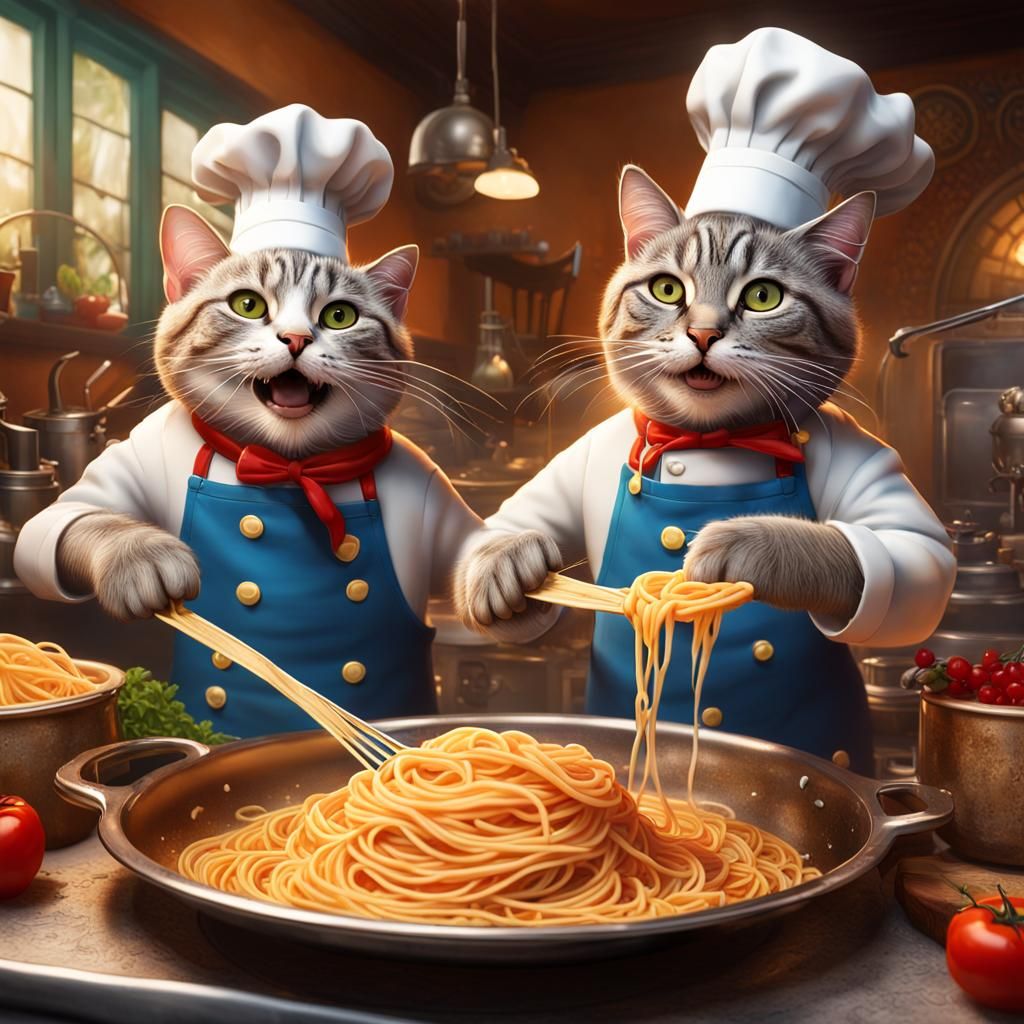 Comical cat chefs cooking up a spaghetti dinner in an Italian ...