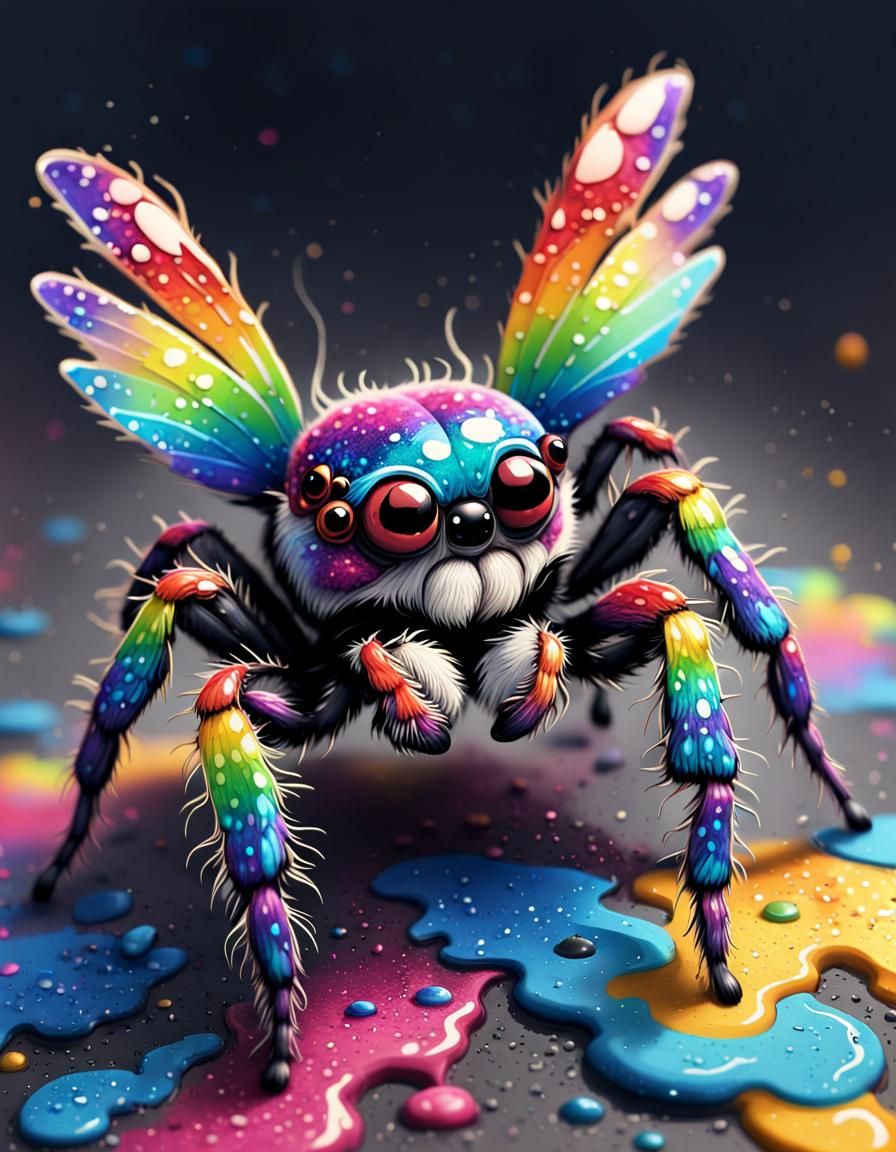 A cute cartoon jumping spider with rainbow glitter wings - AI Generated ...