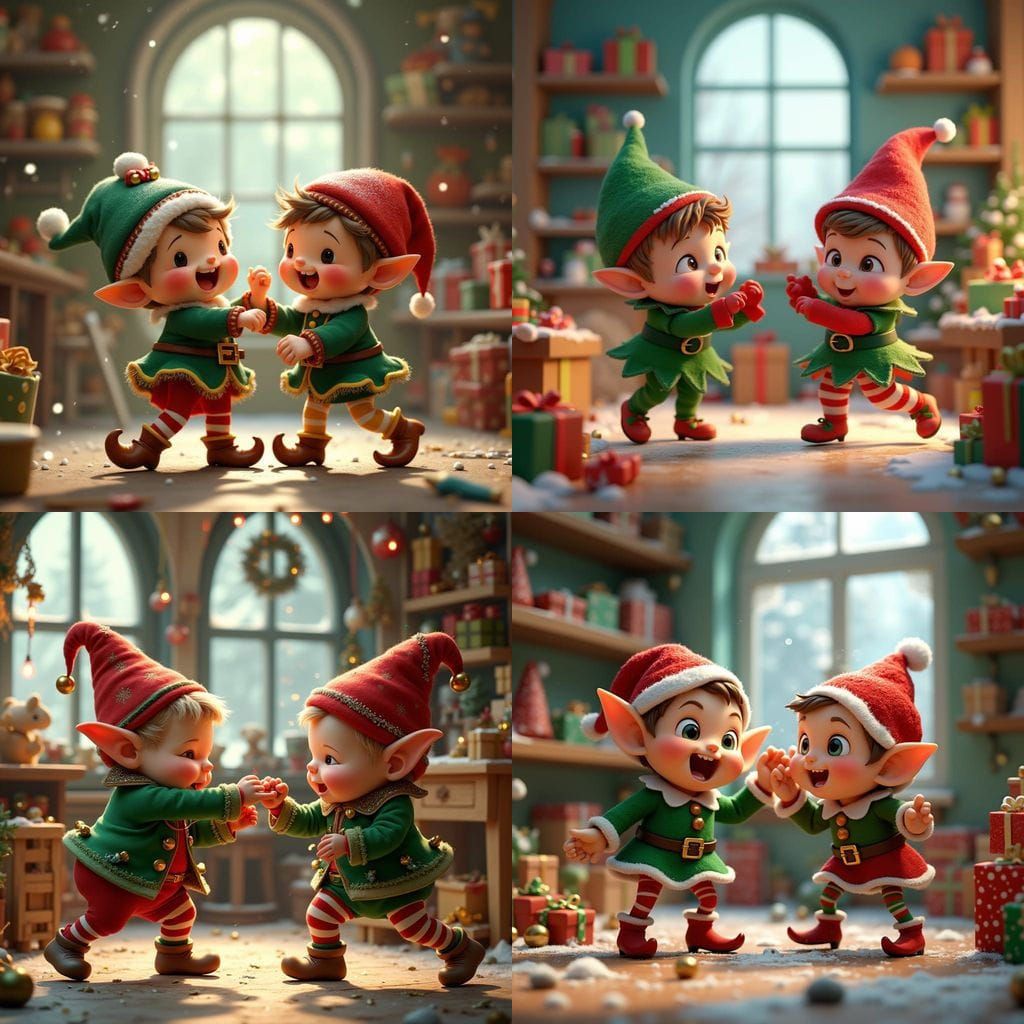 A 3D illustration of two small, cute Santa's elves playfully brawling in Santa's workshop. The ...
