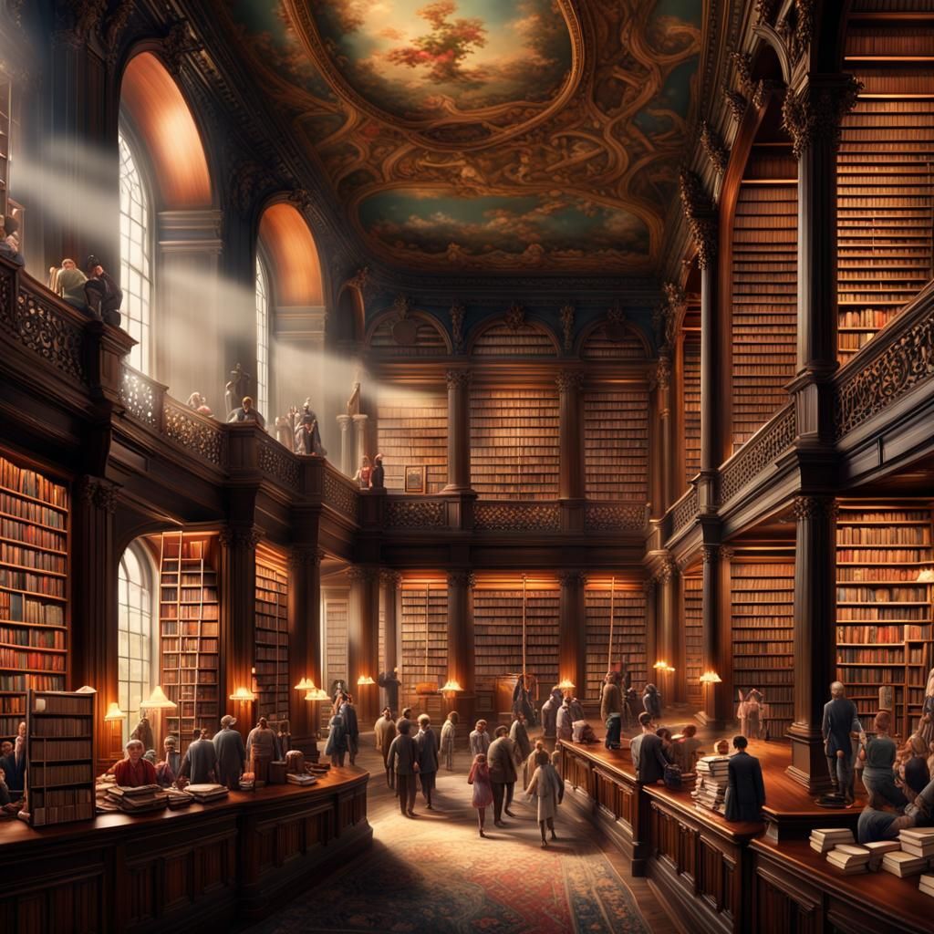 a picture of a classic library with high shelves, filled with many ...