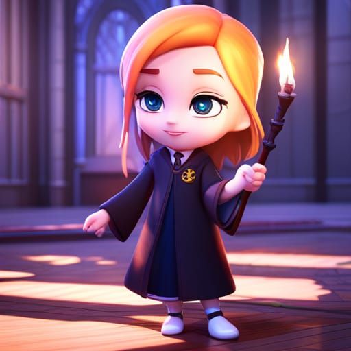 chibi student, holding wand, whimsical, hogwarts, dining hall, candle ...