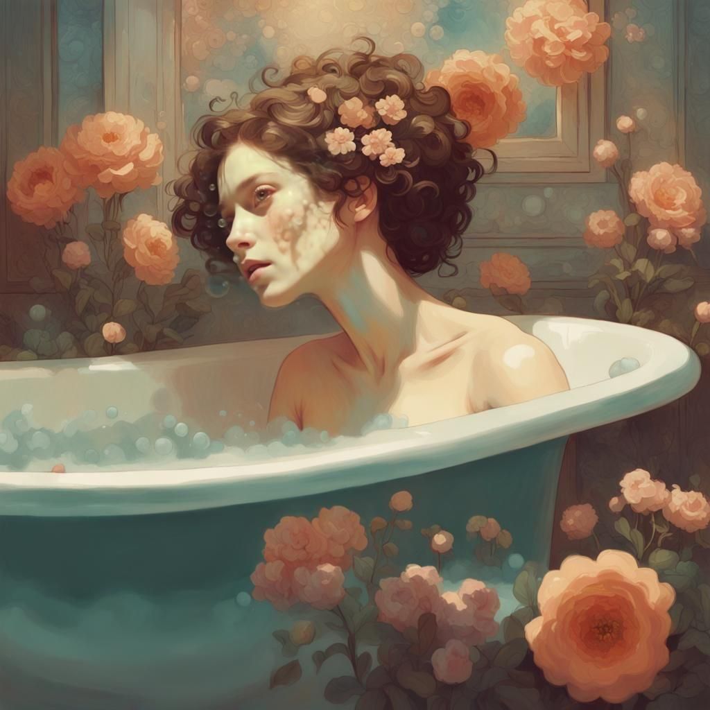 portrait of a beautiful woman with her hair is a bower of muted colored ...