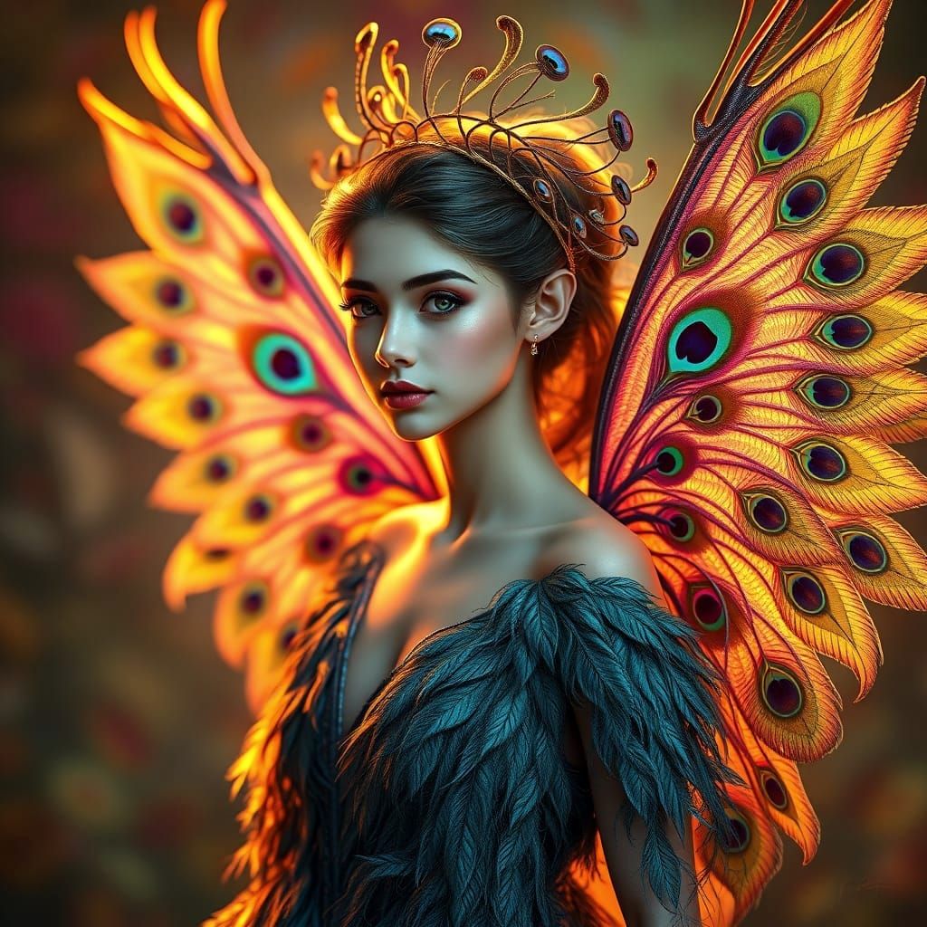 Fae princess - Ethereal Fae Goddess in Vibrant Peacock Pluma...