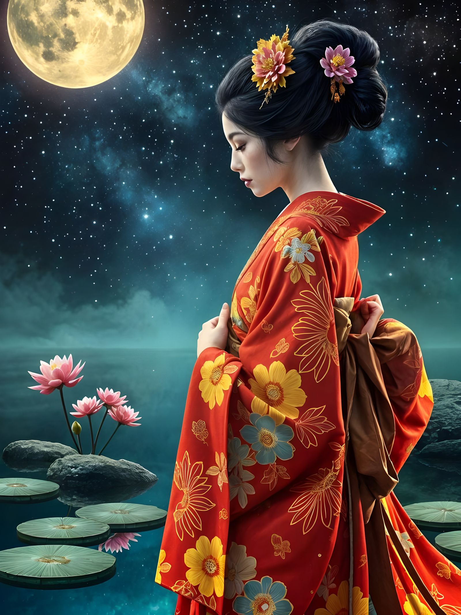 silken kimono - Ethereal Geisha in Kimono amidst Celestial B...