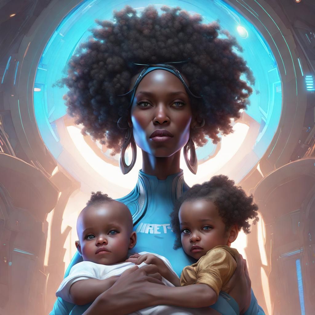 Tall Black female alien blue eyes holding twin baby girls afro - AI ...