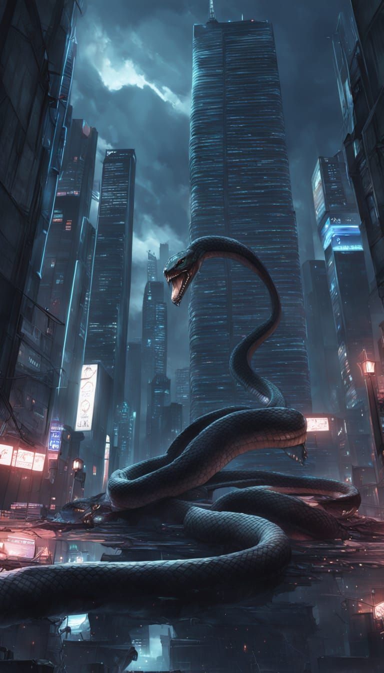 giant snake in city - Cyberpunk Snake Reigns in a Post-Apoca...
