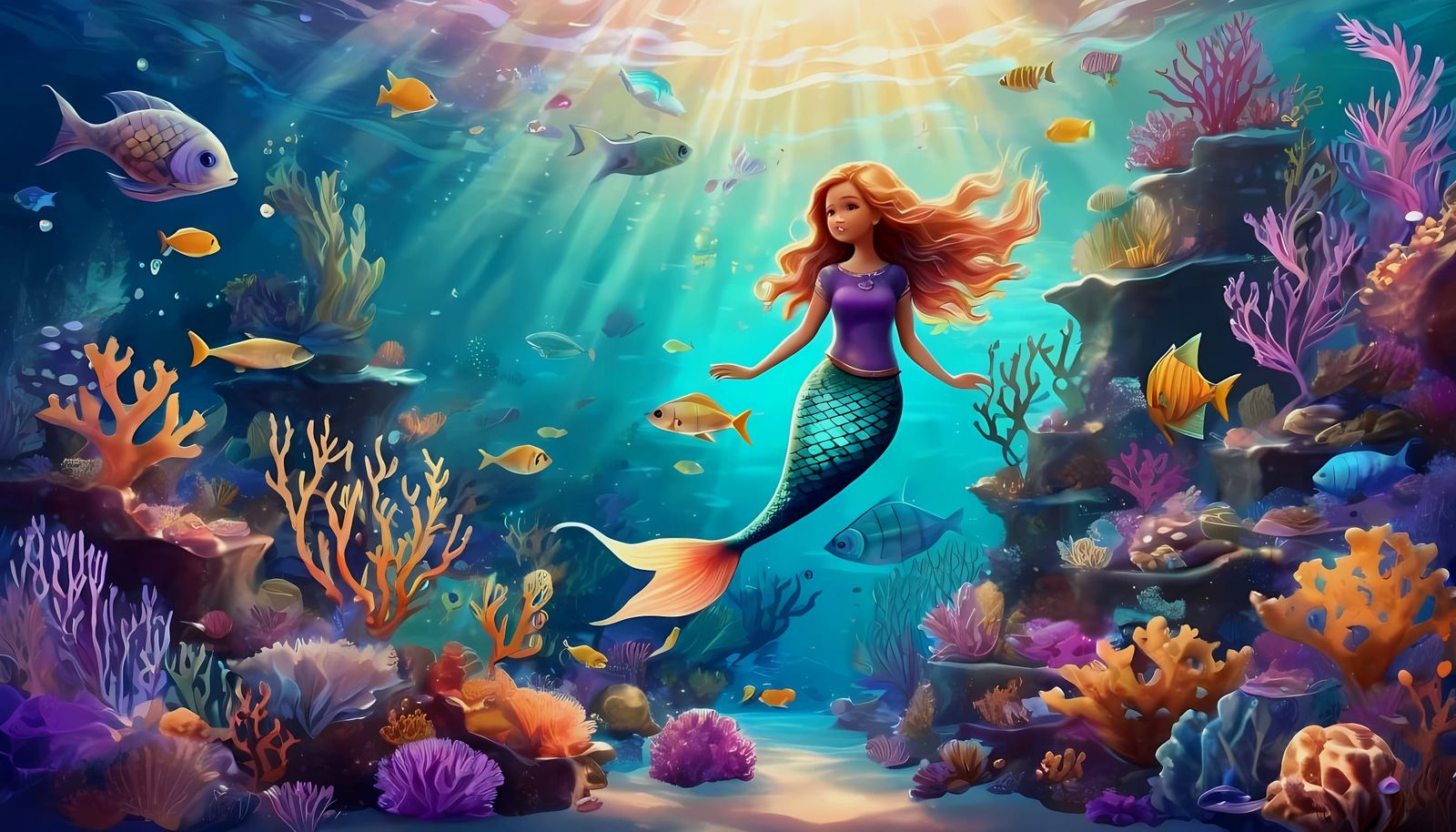 The Mermaid - Whimsical Mermaid Swims with Feline Fish Frien...