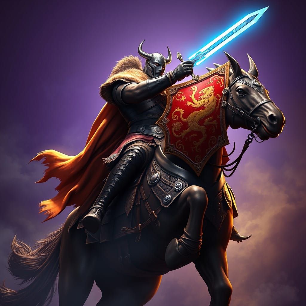 Majestic Dark Fantasy Warrior Rides Horned Steed w... - AI Art