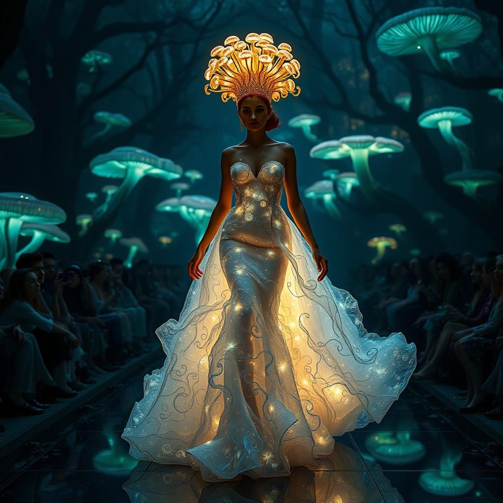 imagine a bioluminescent fungus queen gliding down a runway made of polished obsidian, her gown ...