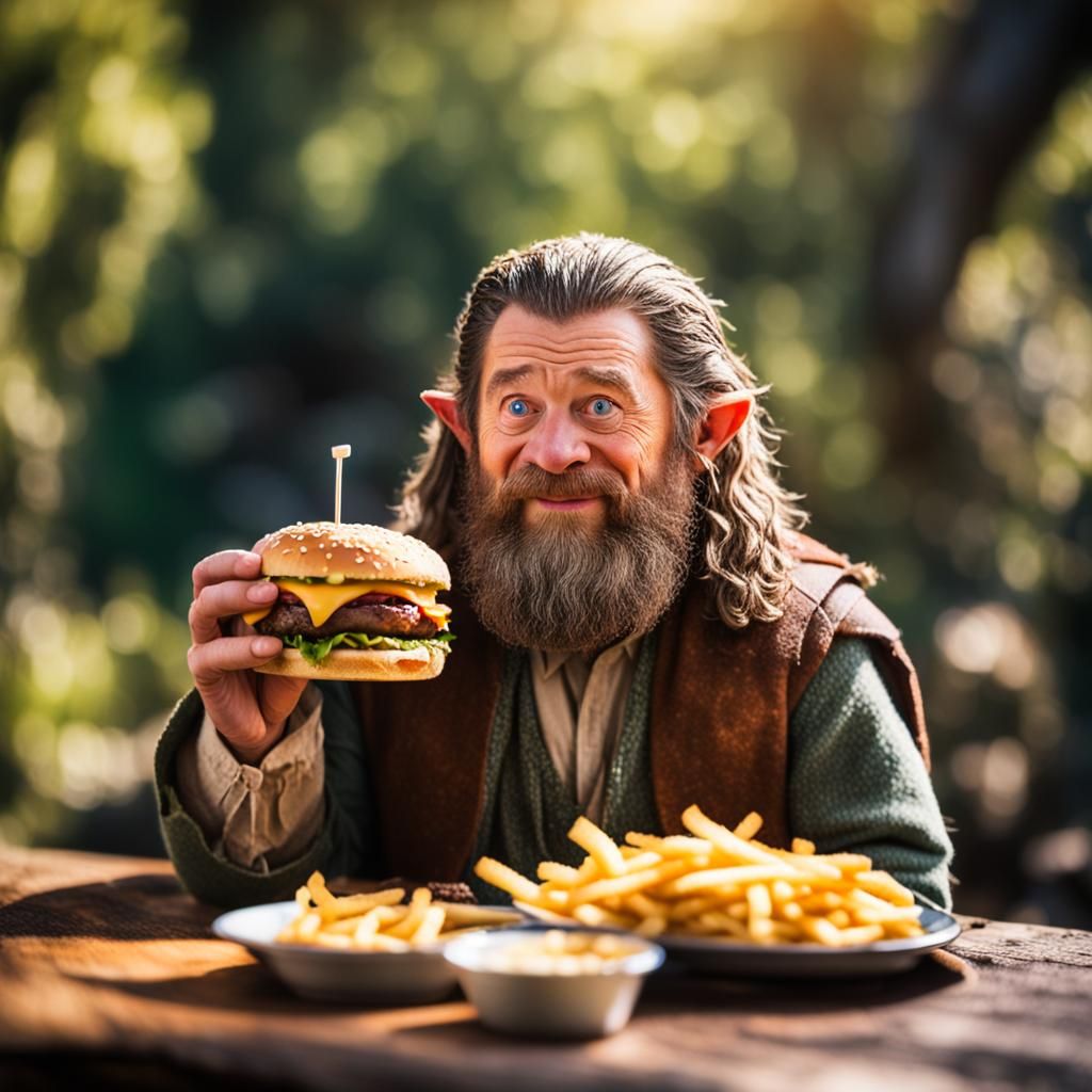 Hobbit eating a cheeseburger Professional photography, bokeh, natural ...