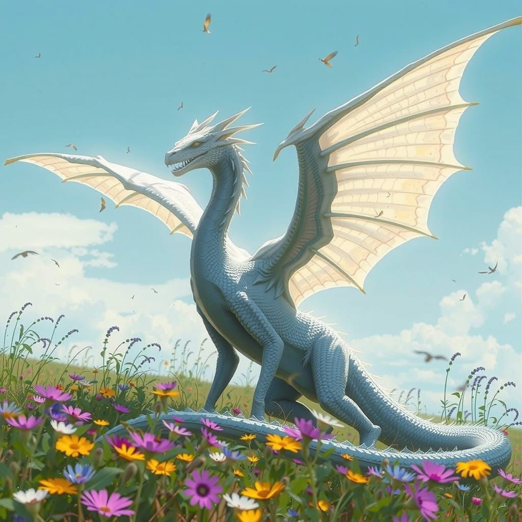 Dragon in a Meadow - Ethereal Dragon in a Vibrant Wildflower...