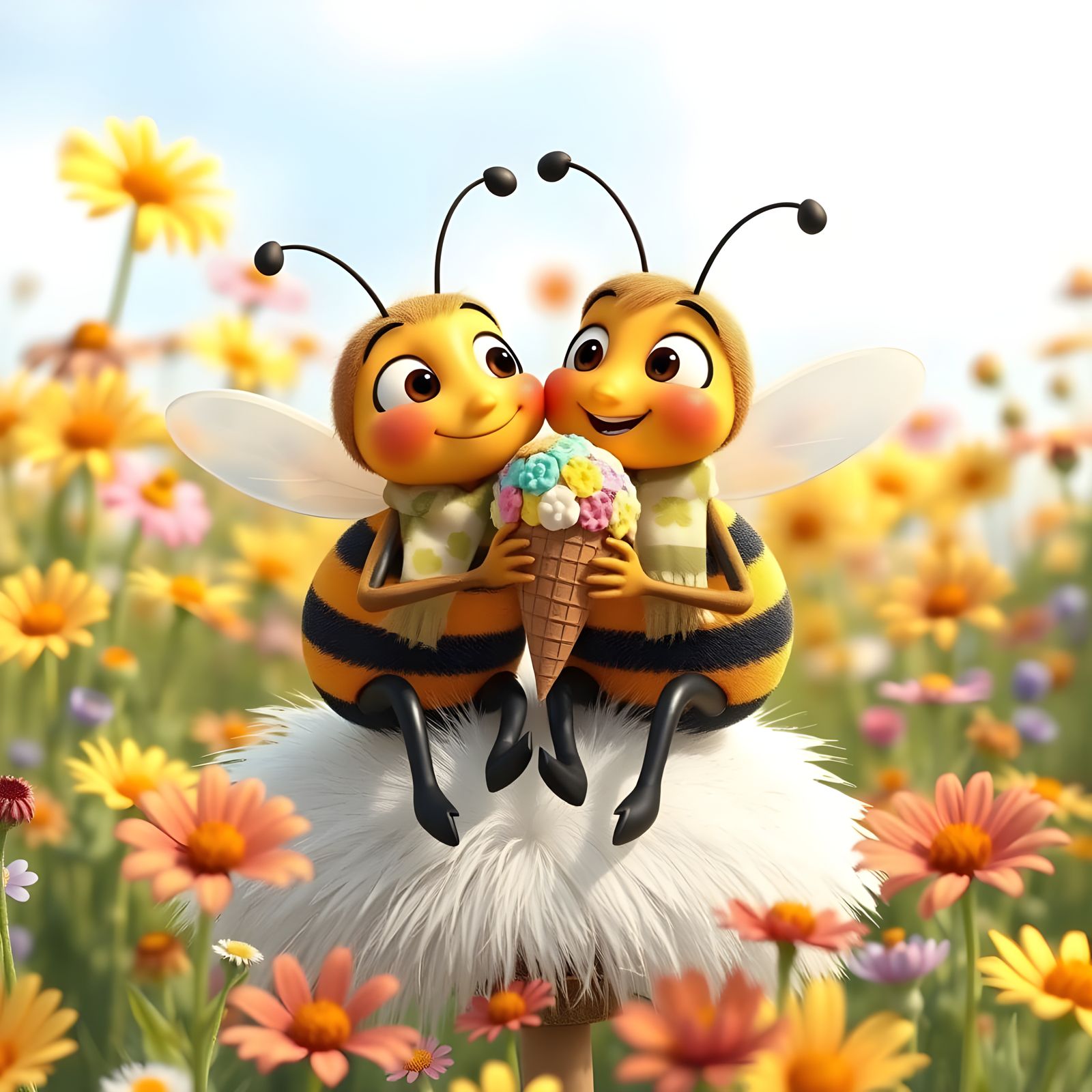 A animated bee couple sharing a pollen ice cream sitting on a dandelion