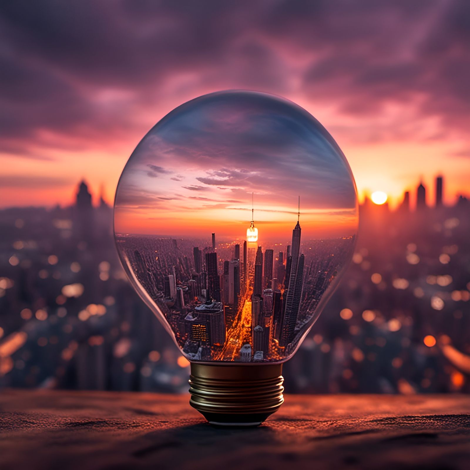 Light bulb with city inside , sunset hd photography , sharp focus ...
