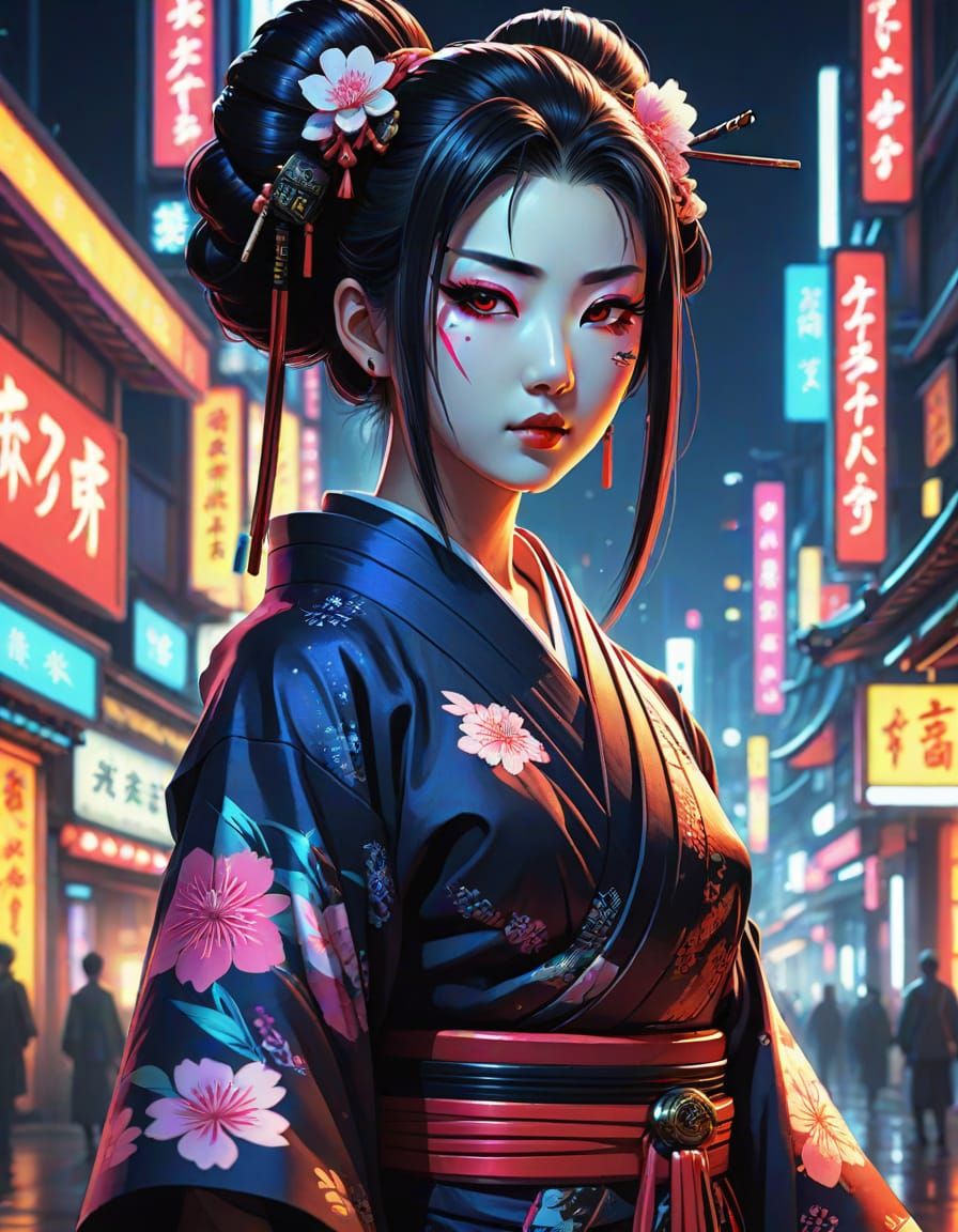 Cyberpunk Tokyo Geisha with Glowing Neon Makeup