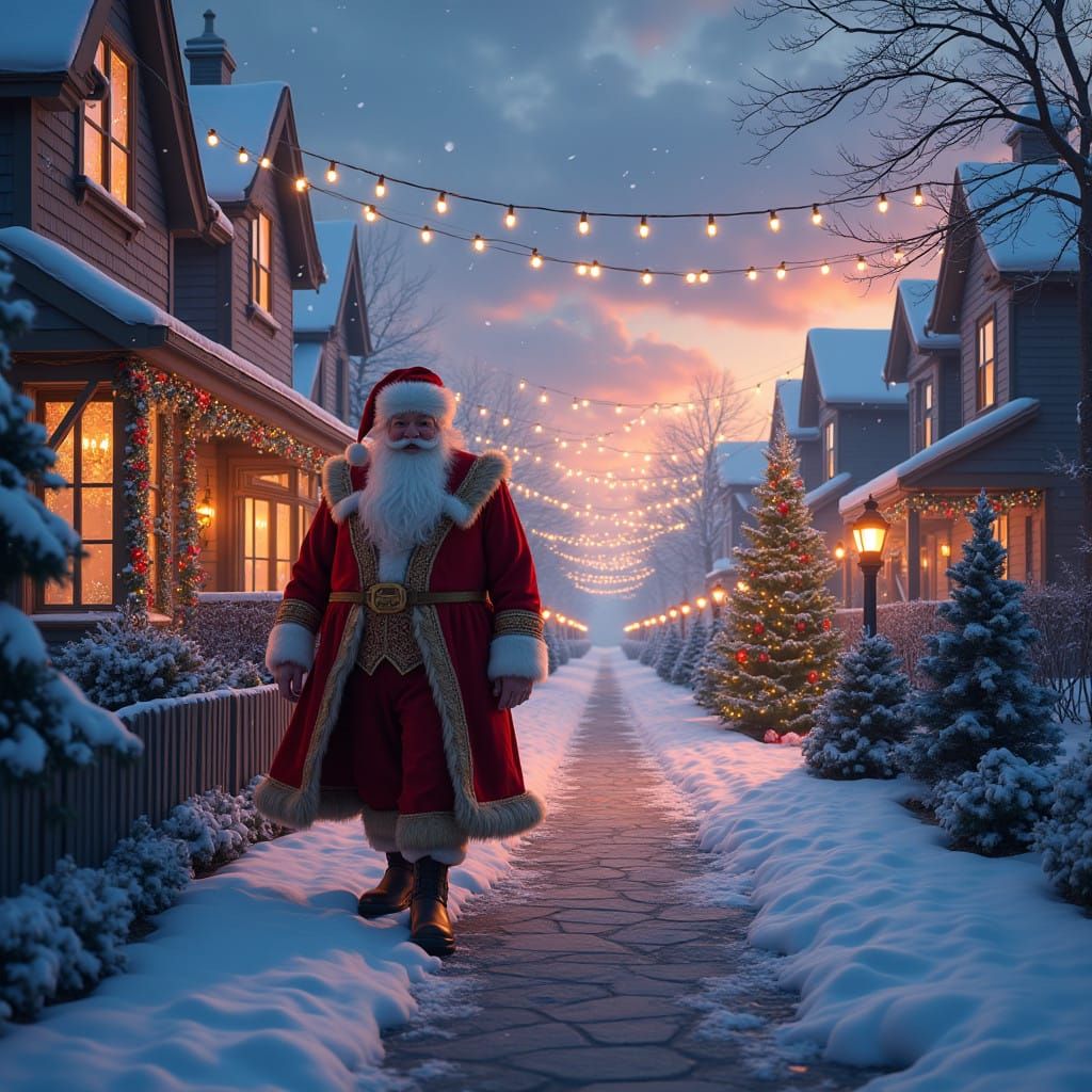 Surreal Santa Claus in Crimson Coat Strolls Long I... - AI Art