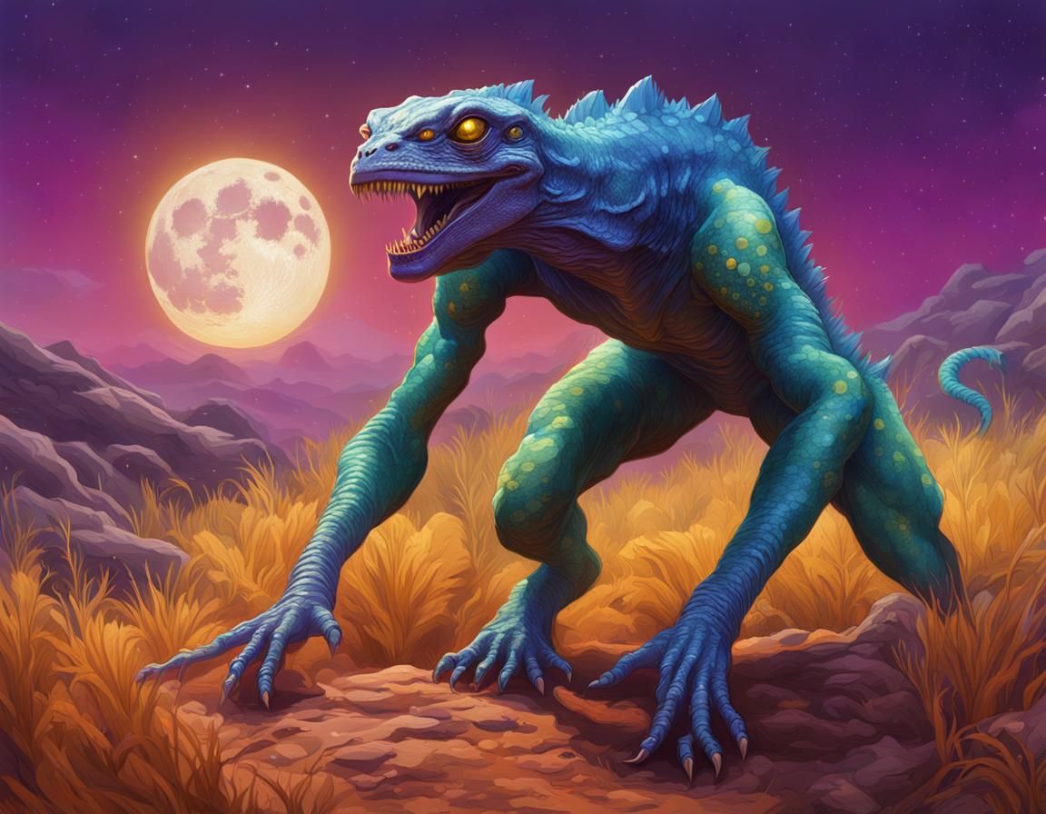 humanoid alien with blue scaly skin, lizard head and bright yellow eyes ...