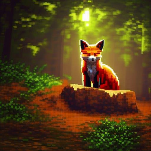 Cute little pixel art fox sitting on a stump in a forest - AI Generated ...