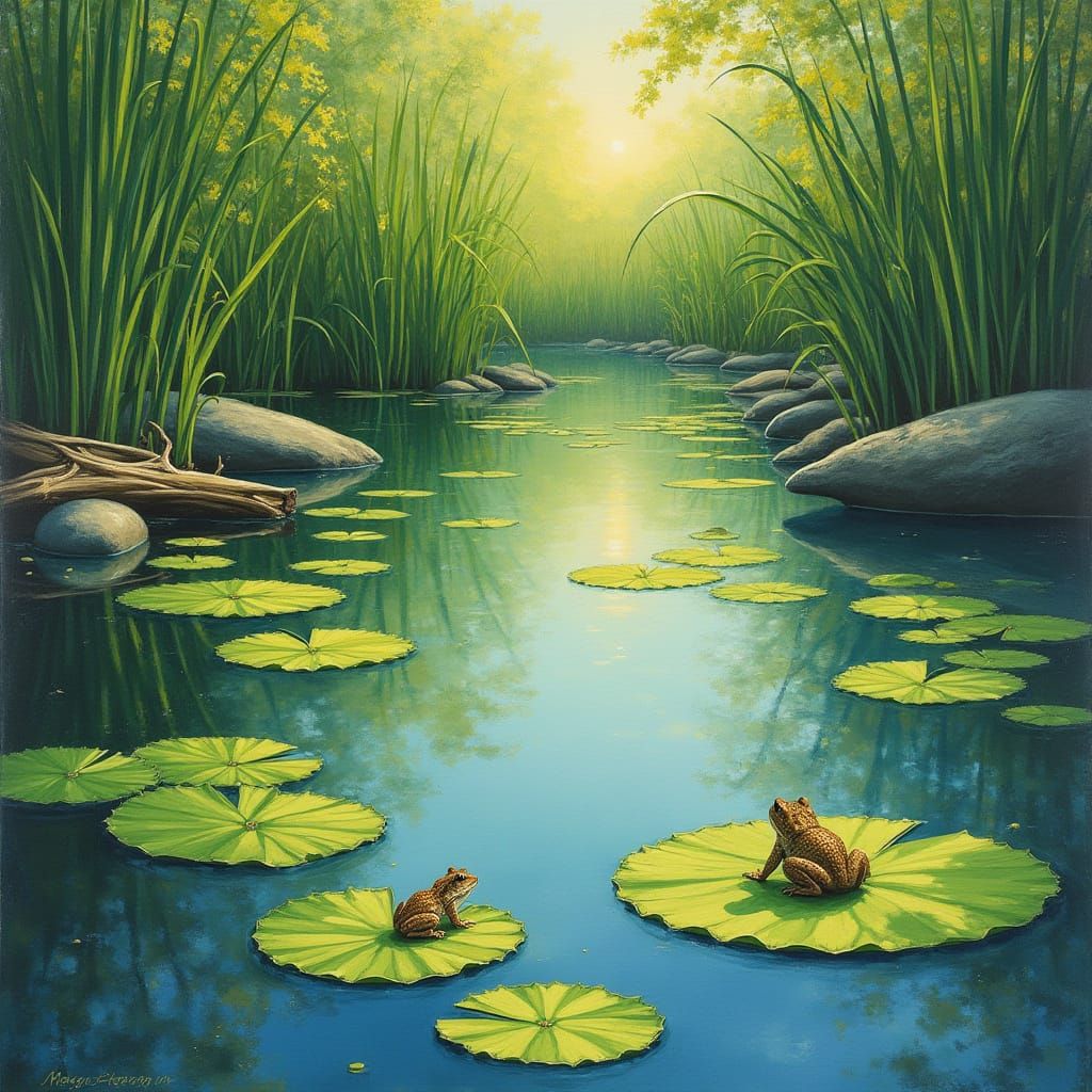 pond - Serene Impressionist Pond Scene with Vibrant Water ...