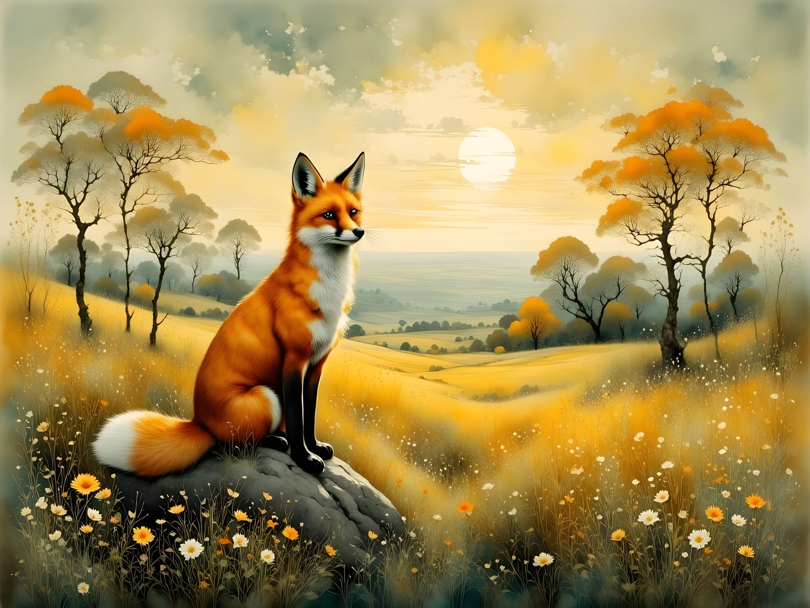 Whimsical Evening Landscape with Fox in Verdant Me... - AI Art