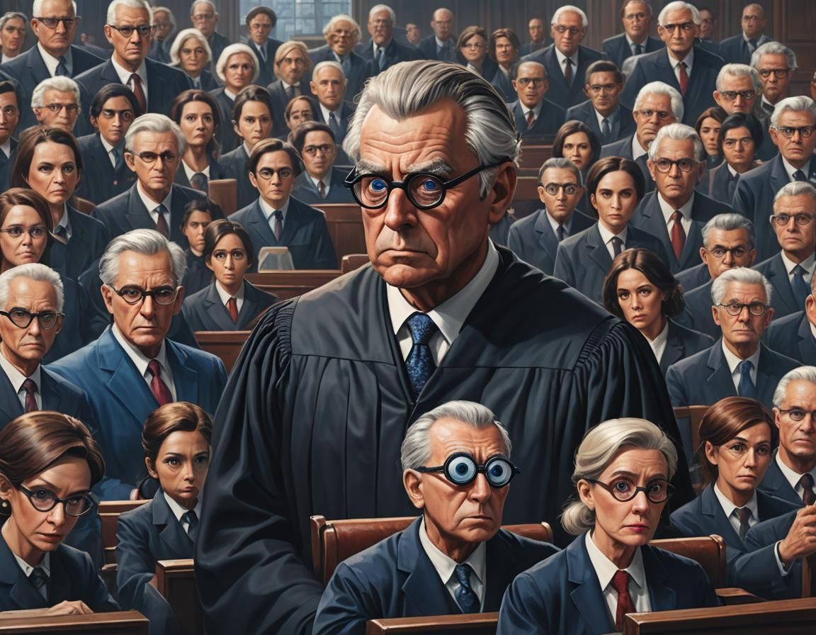 male judge with huge bulbous googly eye glasses. Judge is in black robe ...