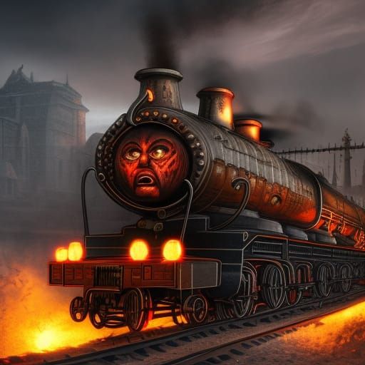 Demonic steam locomotive with an evil face on the front - AI Generated ...