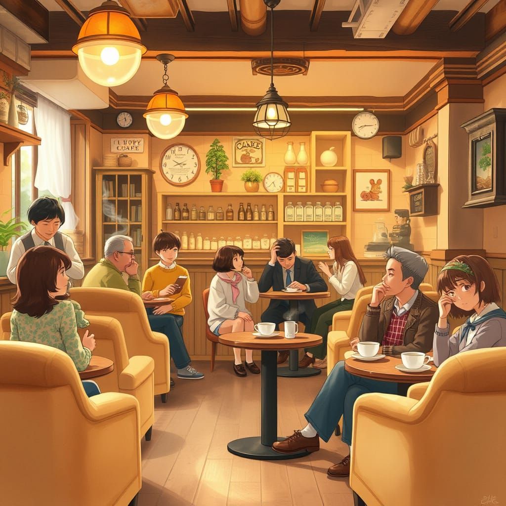 Tranquil Animation of Cozy Cafe Gathering Inspired... - AI Art