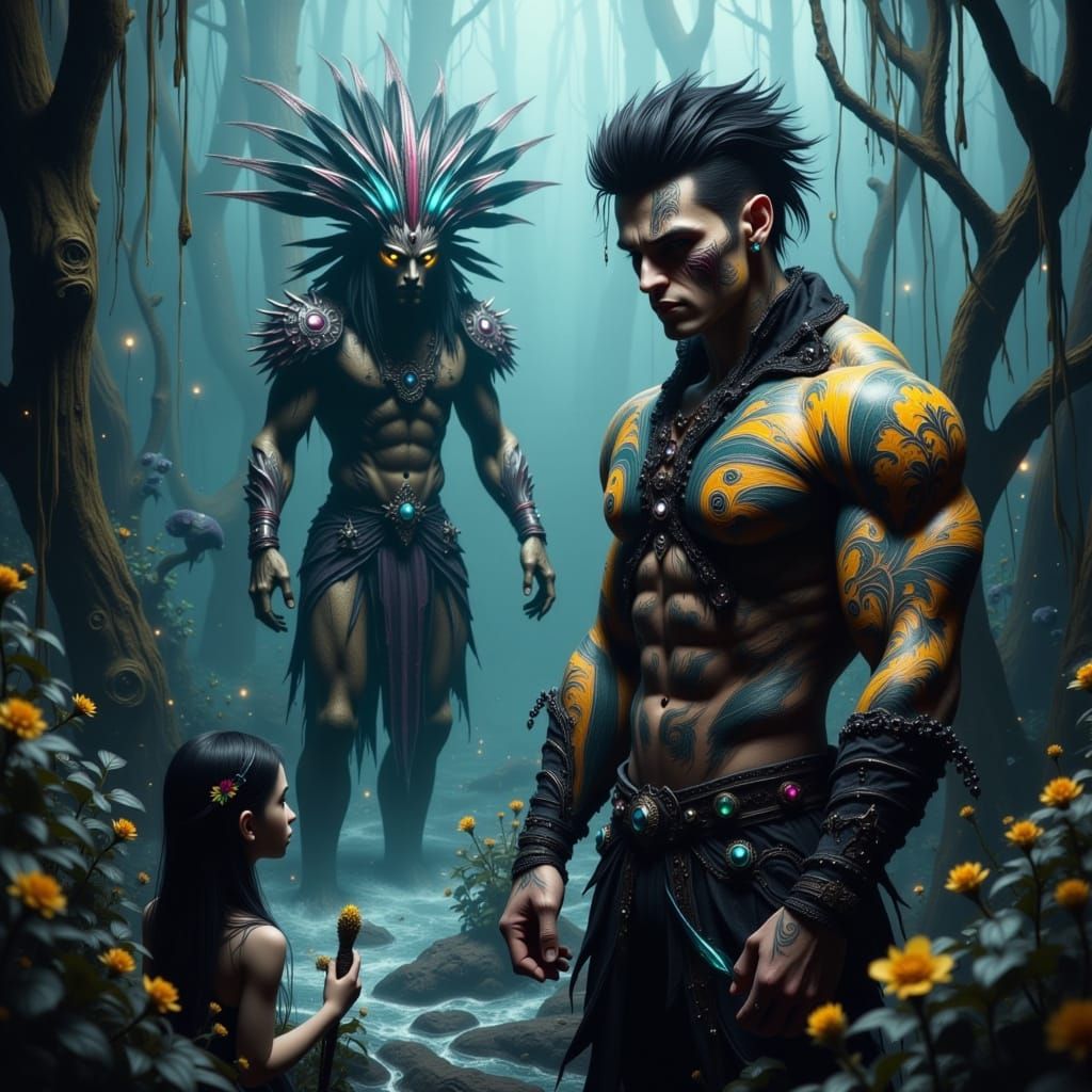 Dark Fantasy Fae Confronts Quetzalcóatl in Aztec A... - AI Art