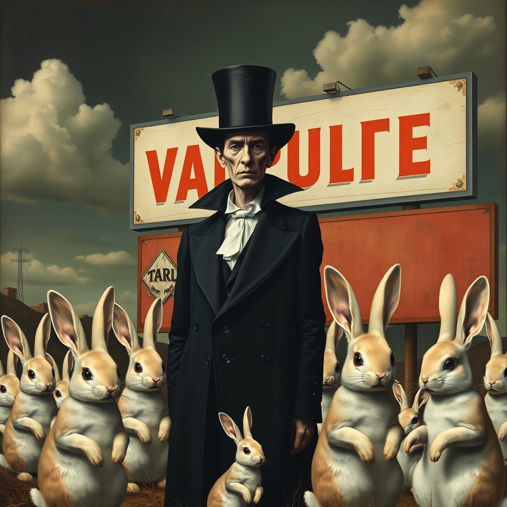Surrealist Vampire Surrounded by Rabbits on a Deca... - AI Art