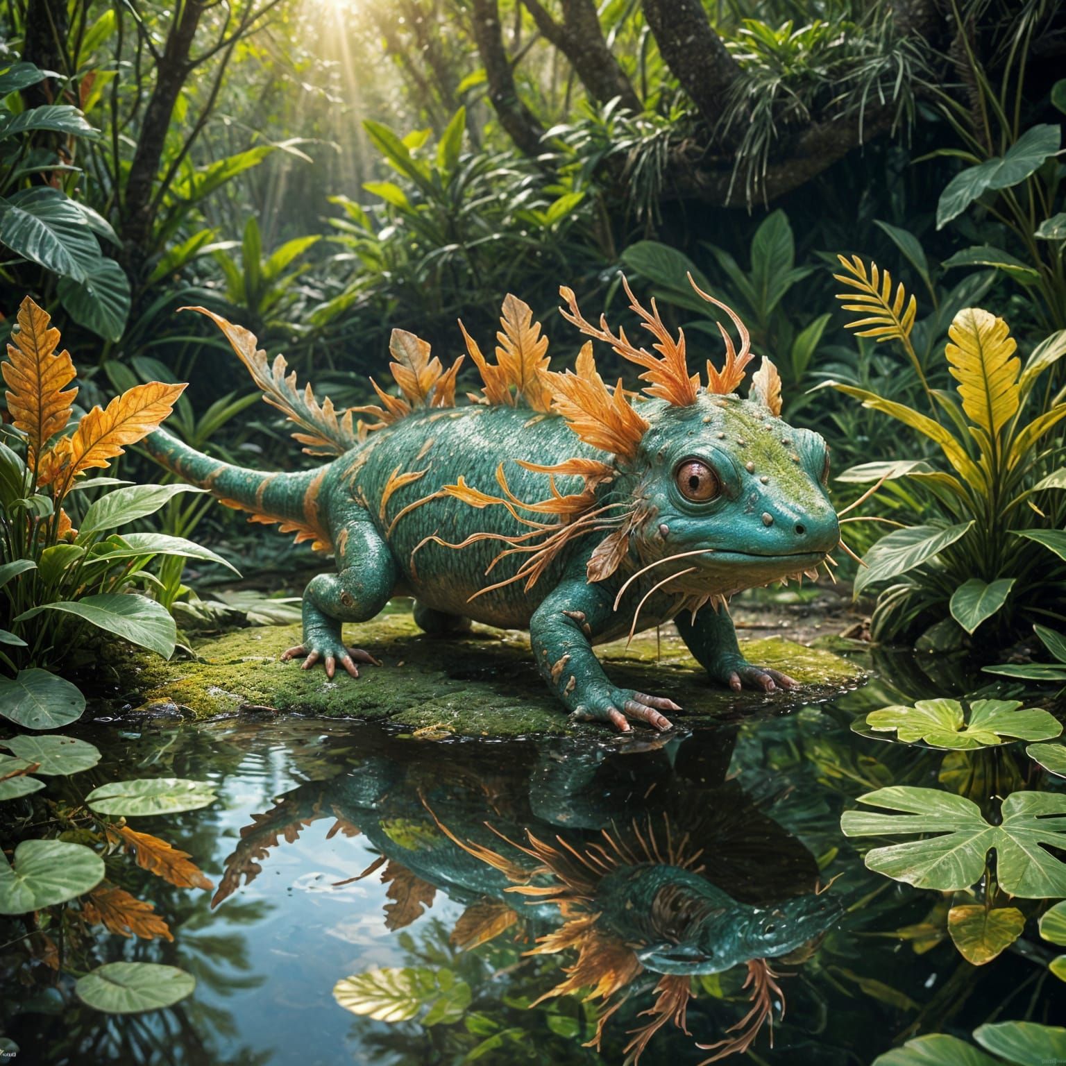 An axolotl explores the world of a pond in the Mexican jungle