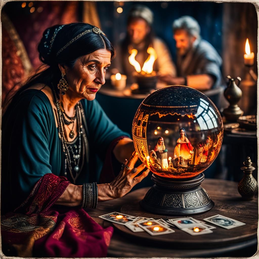 gypsy woman looks in a Divination ball and see a scene from the future ...