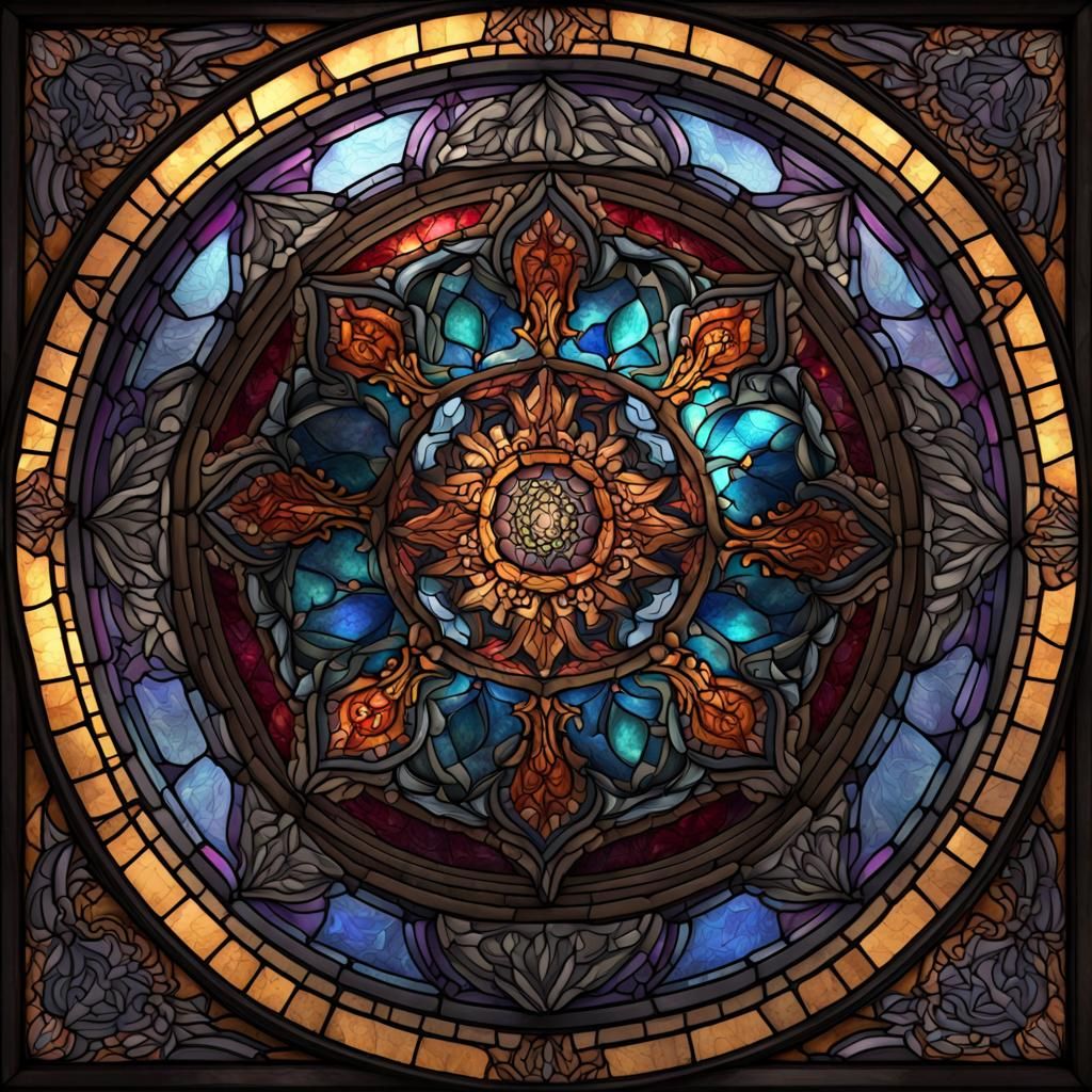 Mandala stained glass window, dark colors, detailed matte painting ...