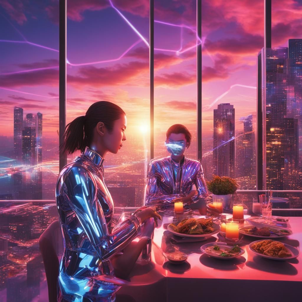 Surreal Synthwave Sunset: Robot Couple Enjoys Inti... - AI Art