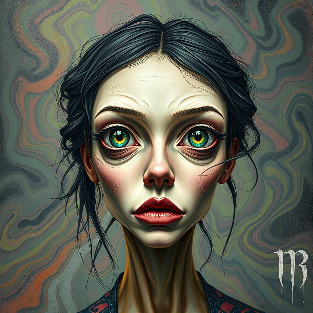 Surreal distorted portrait big Green eyes