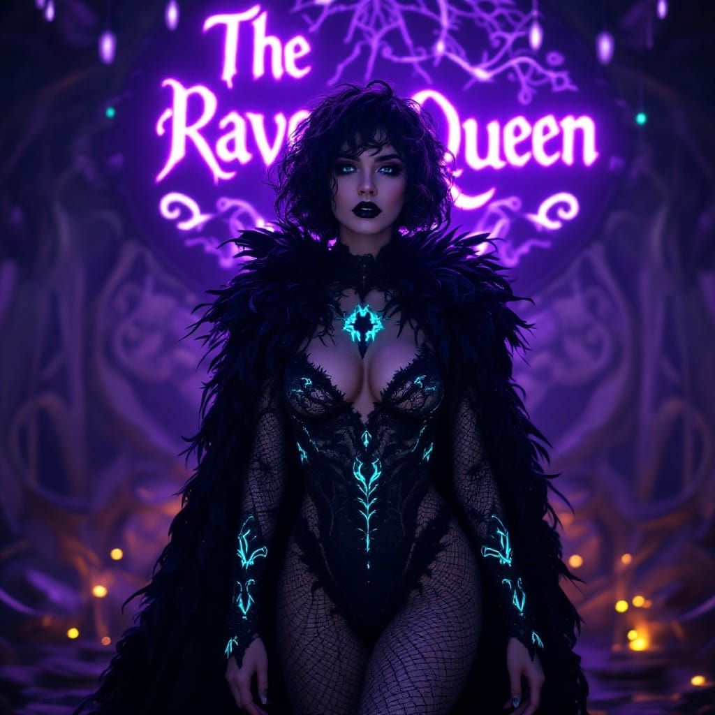 Ethereal Goth Queen in Bioluminescent Black Feathe... - AI Art