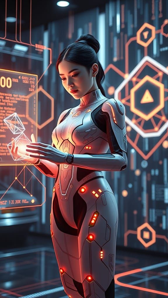 Minimalist style, A Vietnamese woman. bodysuit bionic digital suit ....