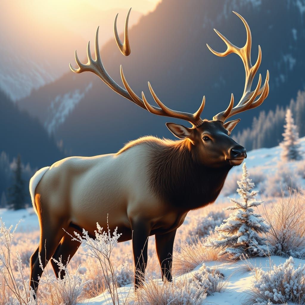 Frozen Echoe - Majestic Bull Elk in Frosty Mountain Valley