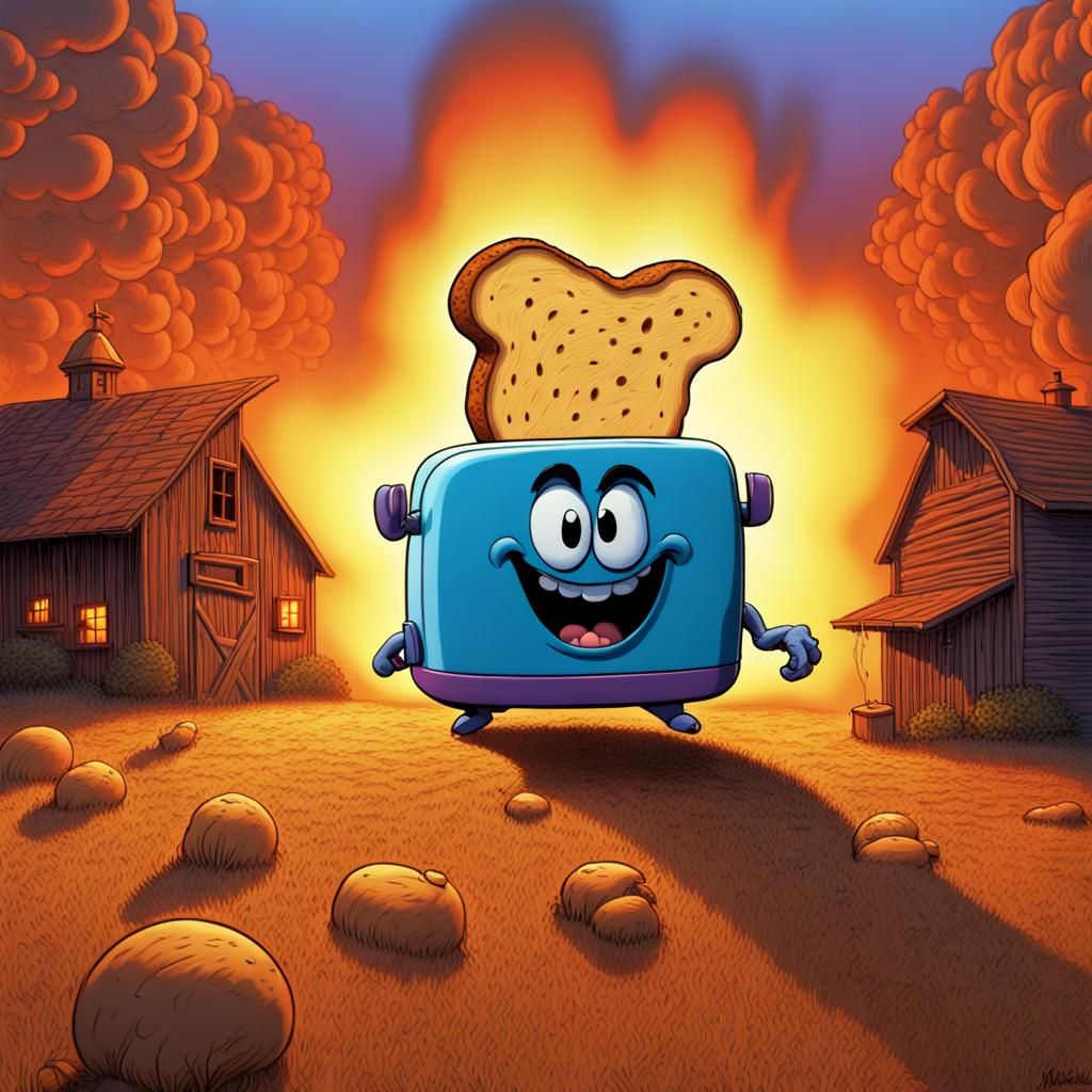 The Evil Toaster chases the Bread through the burning barn V - AI ...