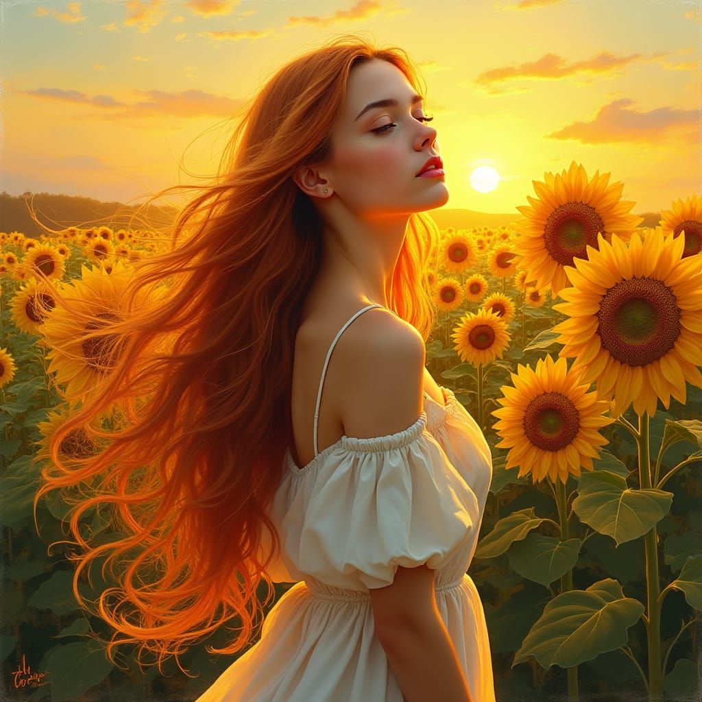 A beautiful young woman with long flowing auburn hair stands in a field of sunflowers at sunset ...