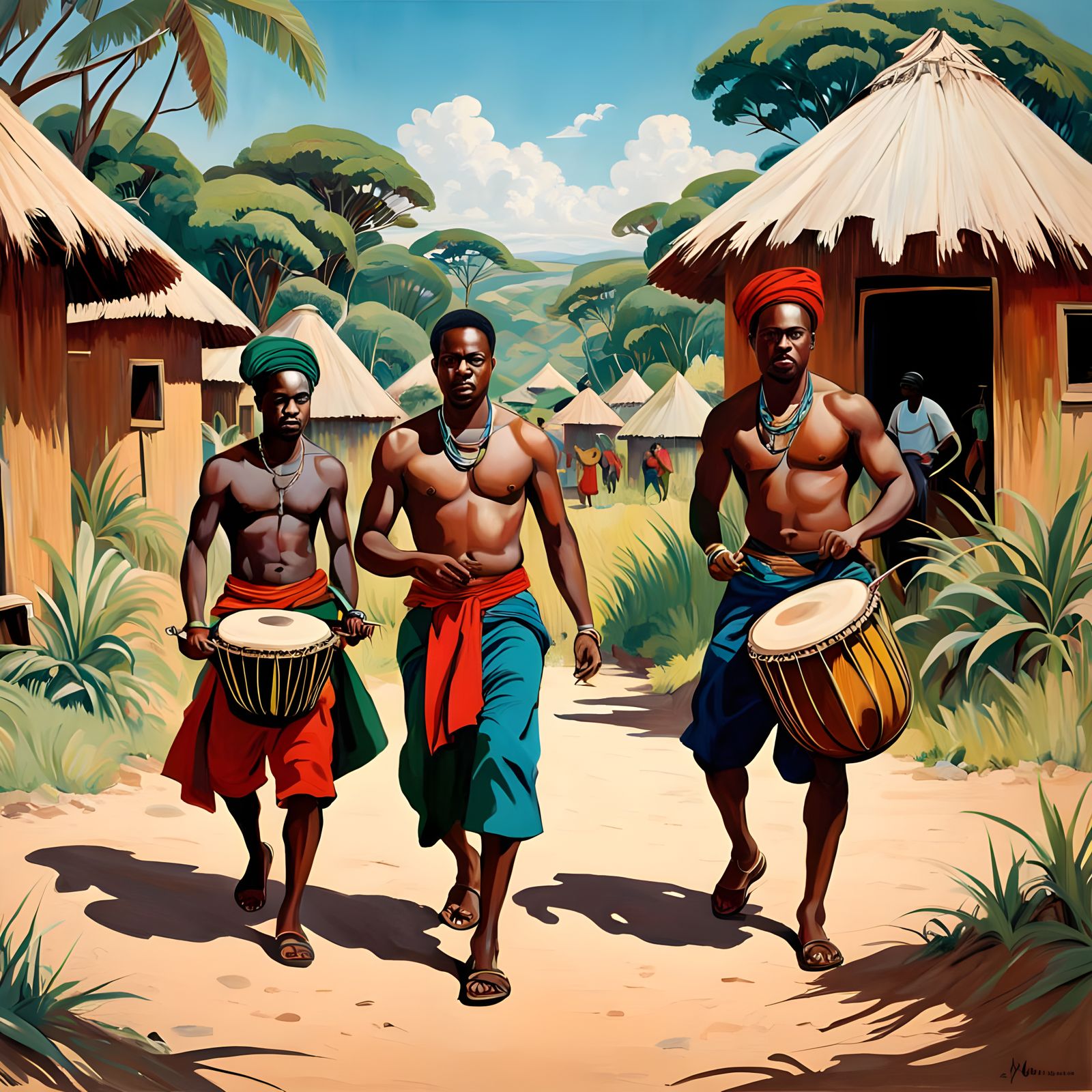 Africans in Traditional Village Setting Play Djemb... - AI Art