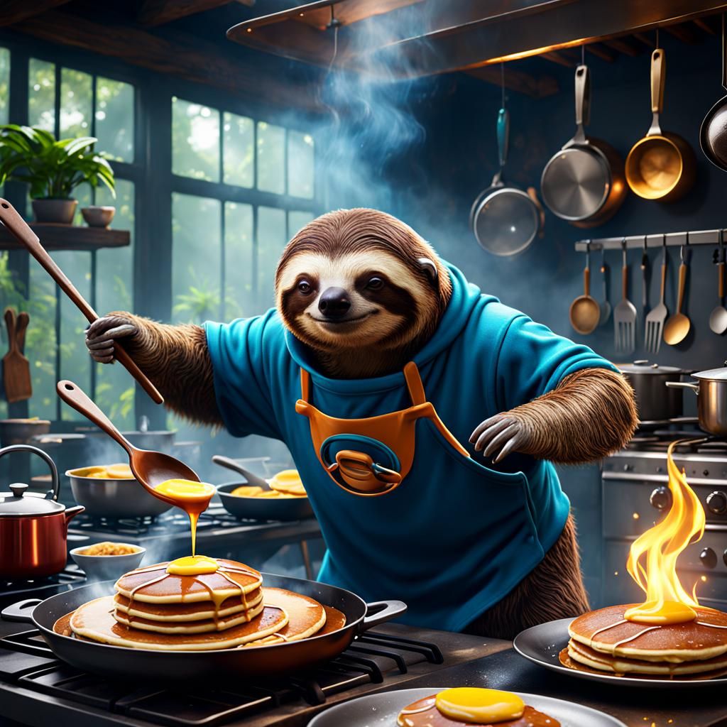 A sloth cooking pancakes - AI Generated Artwork - NightCafe Creator