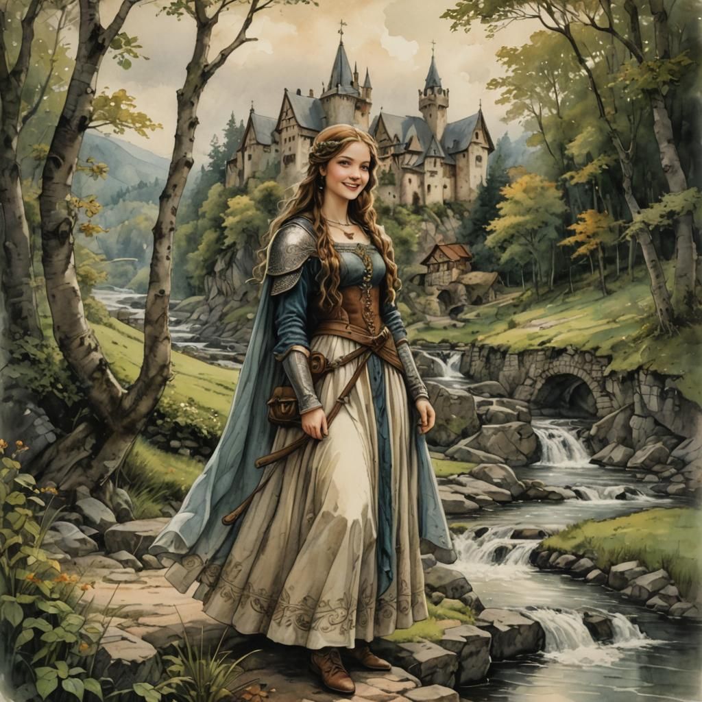 Lady by a Stream - Medieval Maiden in Whimsical Fantasy Scen...