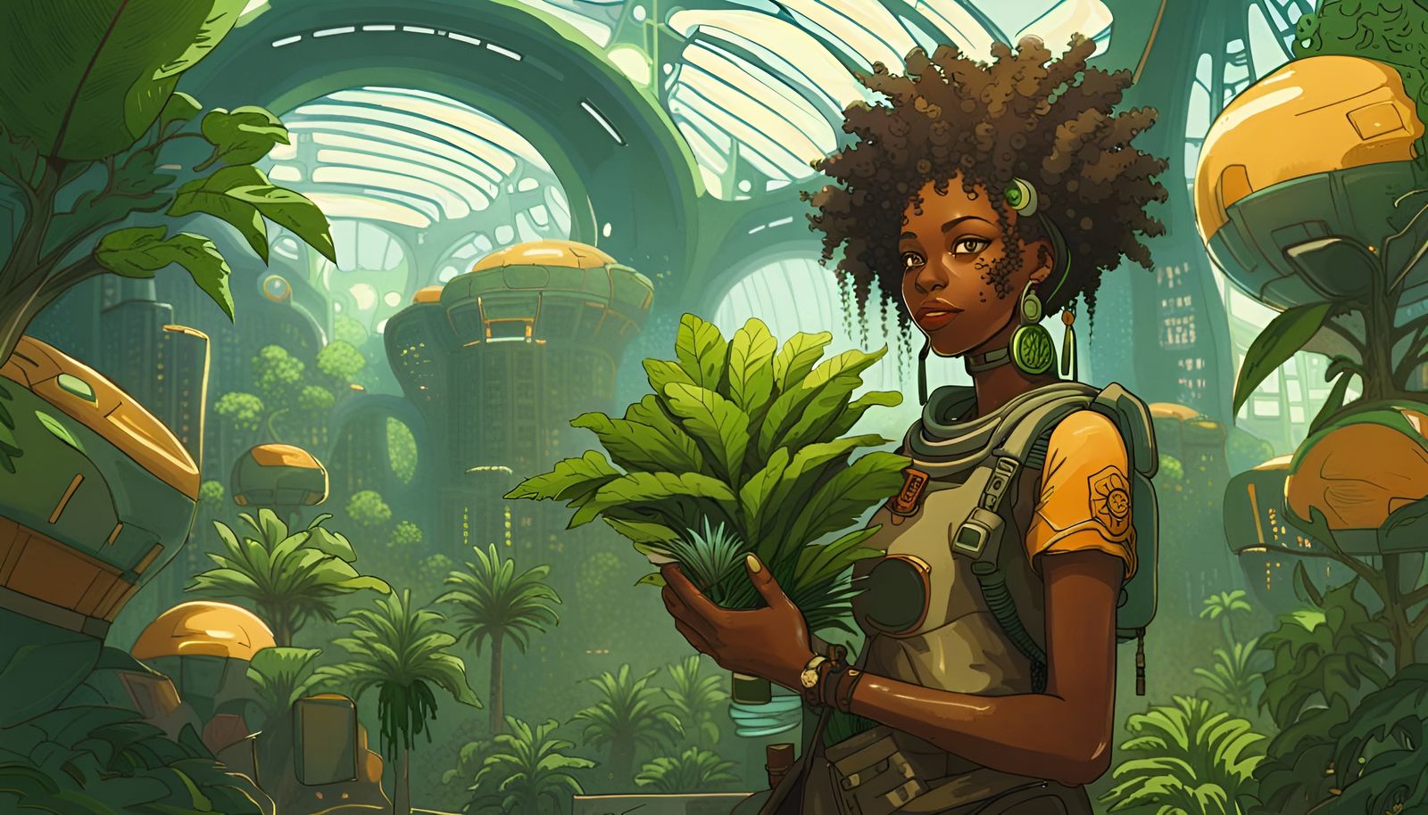 Ghibli Solarpunk: African Woman with Plant - AI Art